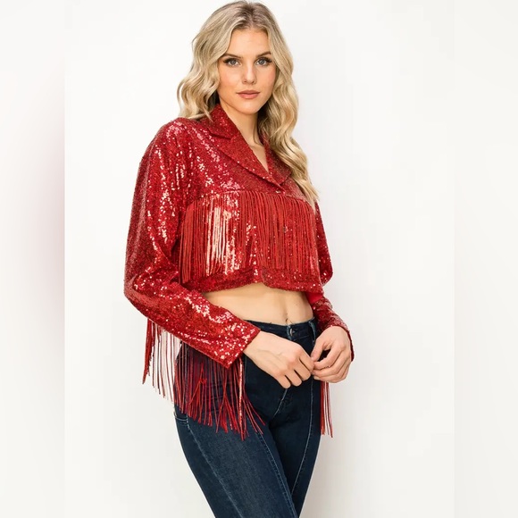 Jackets & Coats | Nwt Red Cropped Sequins Fringe Festival And Concert ...